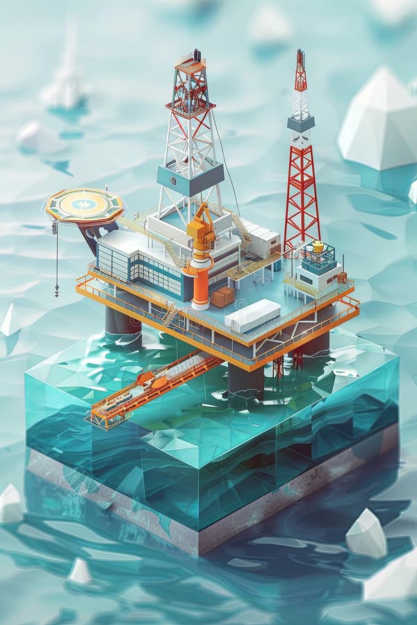 Isometric 3D Illustration of Oil Rig Atop Water Surface AI Image Stock ...