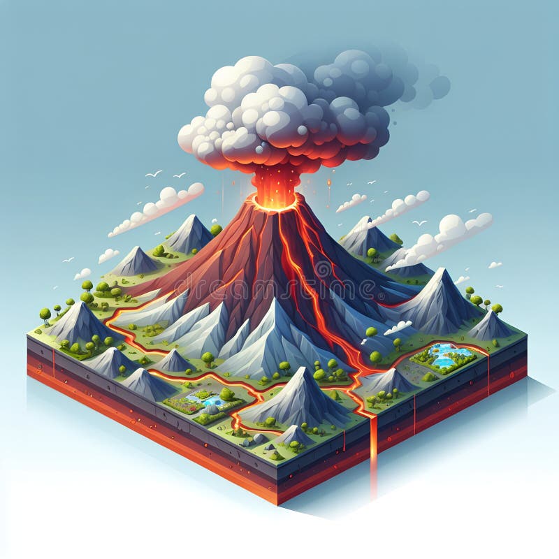 Isometric 3D Illustration of a Volcano Spewing Plume of White Smoke ...