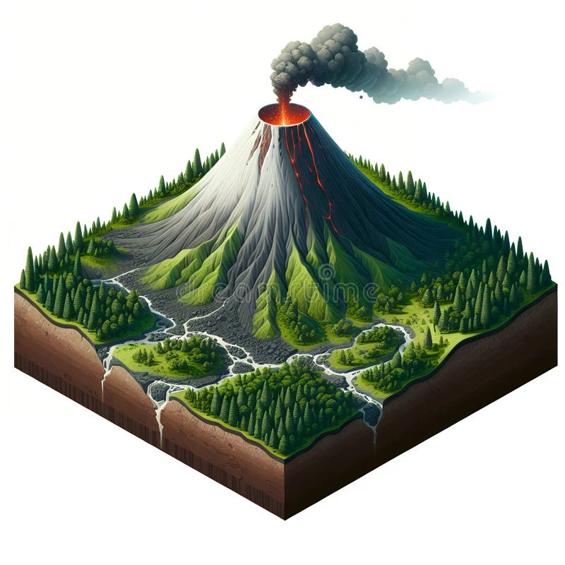 Isometric 3D Illustration of a Volcano Spewing Plume of White Smoke ...