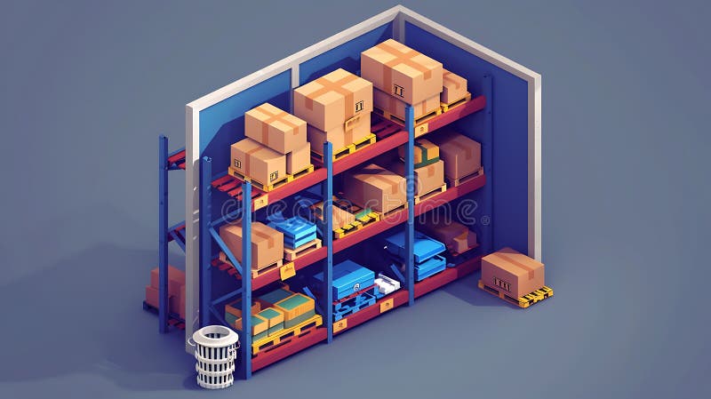 Isometric 3D Warehouse Interior with Shelves Stacked High with Boxes ...