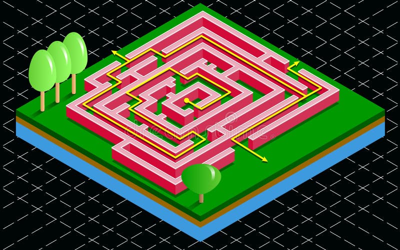 Isometric 3d Maze Tile With Arrow Solution Labyrinth On The Green Grass On A Black Background