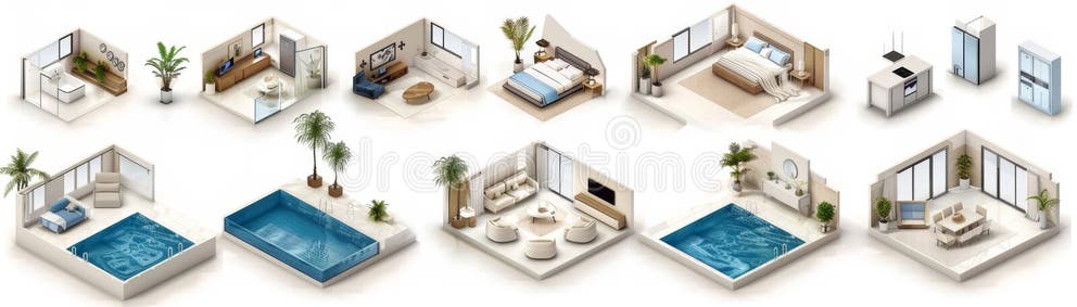 Isometric 3D Model of Modern House Interiors Stock Illustration ...