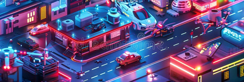An Isometric 3D Model of a Neonlit Emergency Services Hub in the Future ...