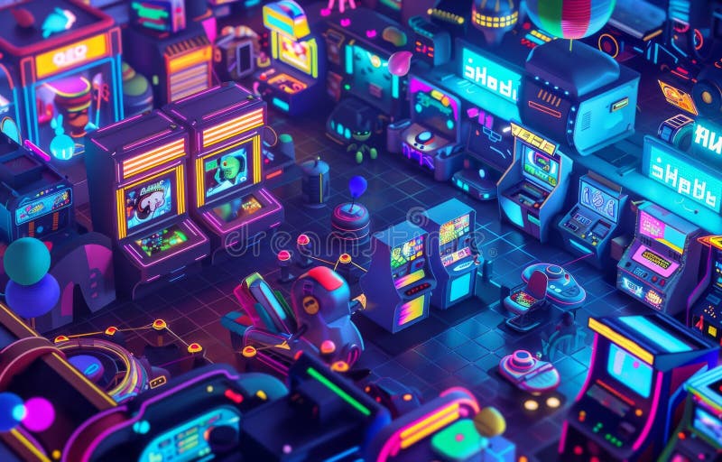 An Isometric 3D Model of a Vibrant Neonlit Arcade in the Future with ...