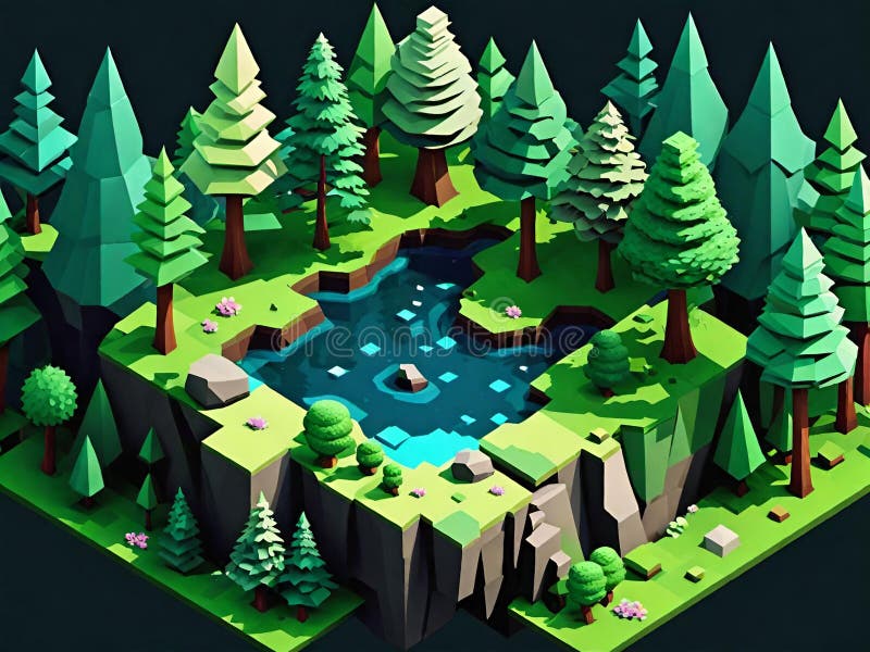 Isometric 3d of a Mountain with a Forest, a Lake with a Green Forest ...