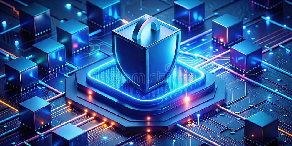 Isometric 3D Night Cybersecurity Illustration Safeguarding Databases and Sensitive Data through ...