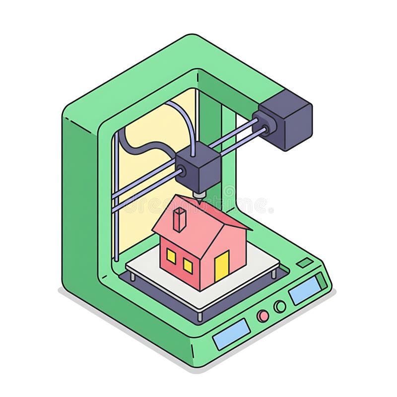 Isometric 3D Printer Constructing a Small Pink House Design Concept ...