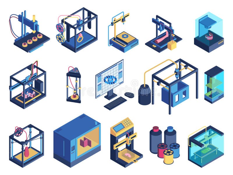Isometric 3D Printer Set stock vector. Illustration of icons - 162415252