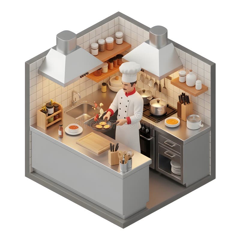 Isometric 3D Render of Chef Cooking in Modern Kitchen Stock ...