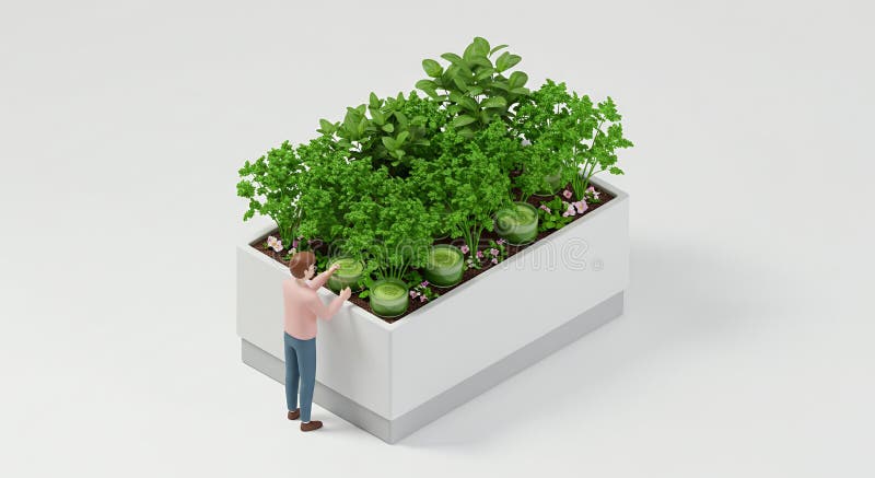 Isometric 3D Render of Gardener Tending Green Plants and Pink Flowers ...