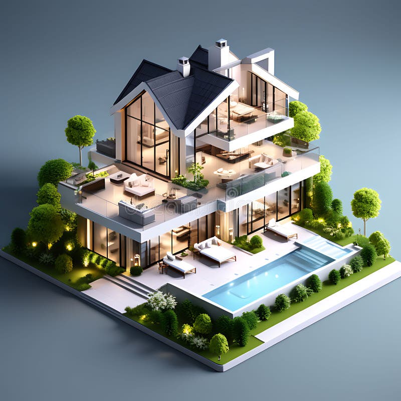 Isometric 3D Render of a High-end House - Showcasing Modern and ...
