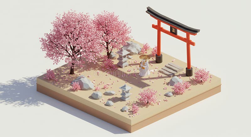 Isometric 3D Render of Japanese Garden with Cherry Blossoms and Torii Gate in Sandy Landscape ...