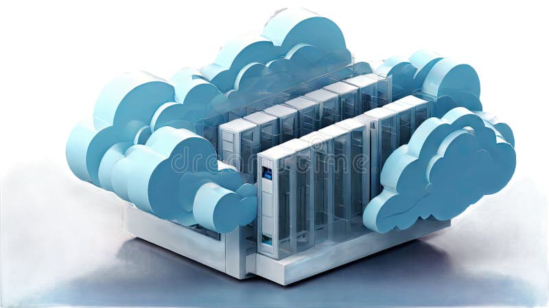 Isometric 3 D Render Light Blue Stylized Clouds Server Rack System Data Center Cloud Computing ...