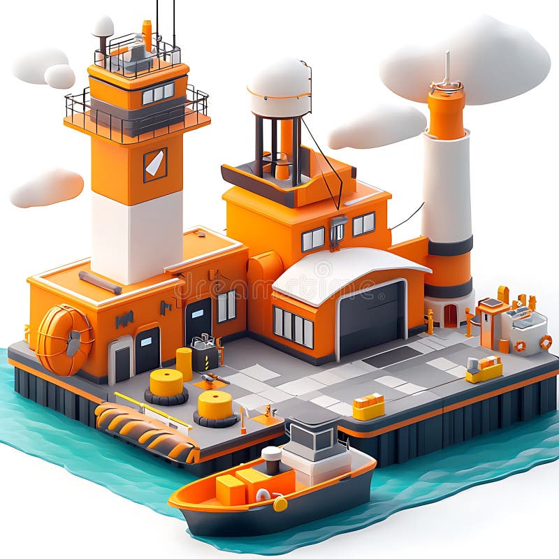 Isometric 3D Render of a Vibrant Orange Harbor Facility with a Small ...
