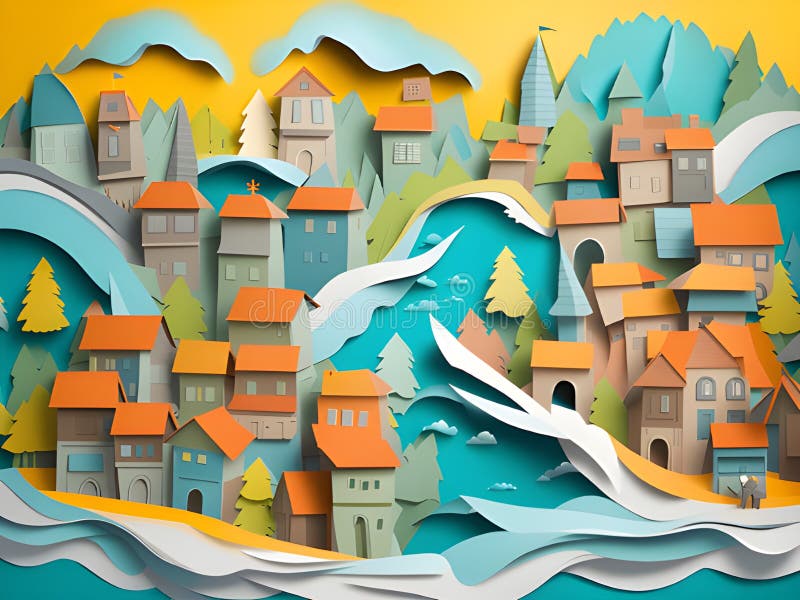 Isometric 3d Rendering of Houses in the City, Paper Cut Style Stock ...