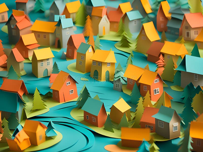 Isometric 3d Rendering of Houses in the City, Paper Cut Style Stock ...