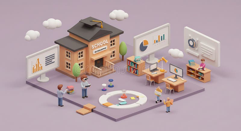 Isometric 3D School Building with Students and Data Visualizations ...