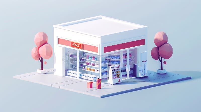 Isometric 3D Store Facade with Large Display Windows Showcasing ...