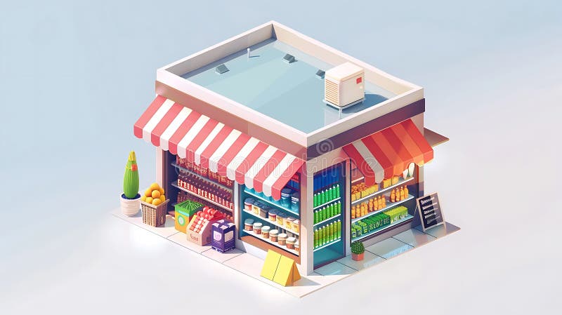 Isometric 3D Store Facade with Large Display Windows Showcasing ...