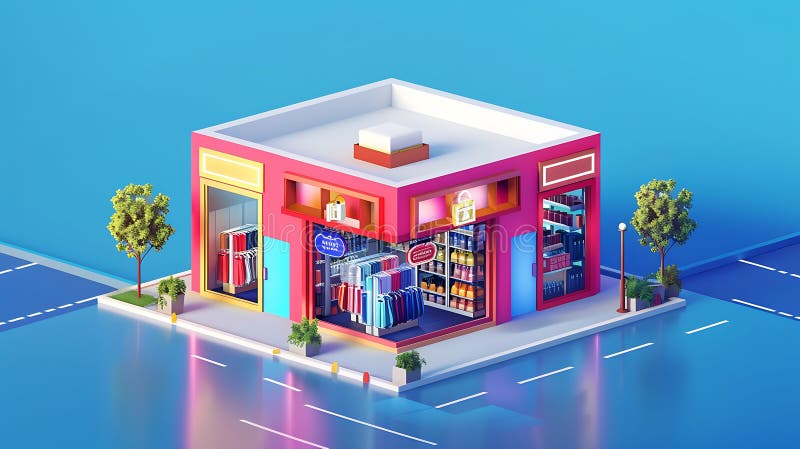 Isometric 3D Store Facade with Large Display Windows Showcasing ...