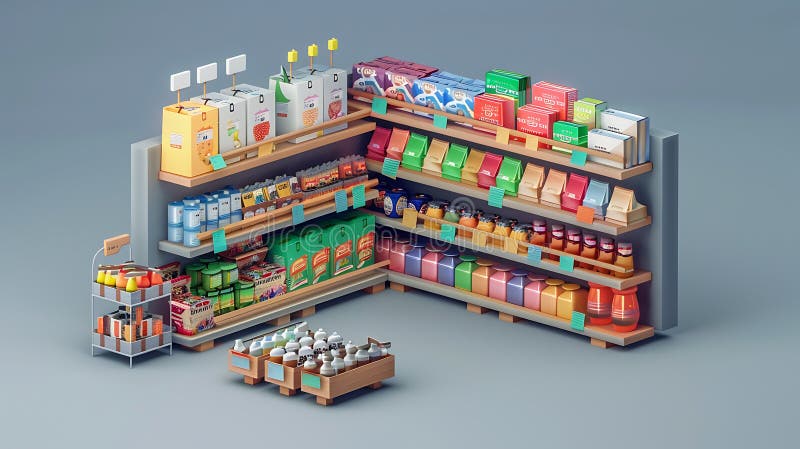 Isometric 3D Store Interior with Shelves Stocked with Various ...