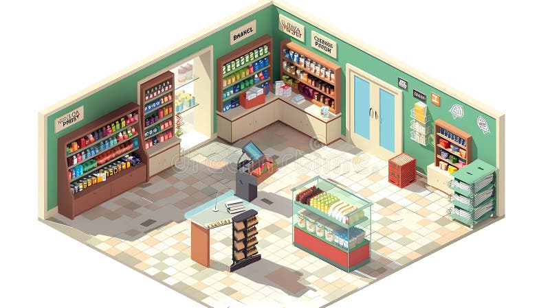 Isometric 3D Store Interior with Shelves Stocked with Various ...
