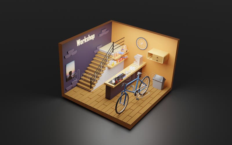 Isometric 3D Vector Illustration. Bike Interior Workshop Stock ...