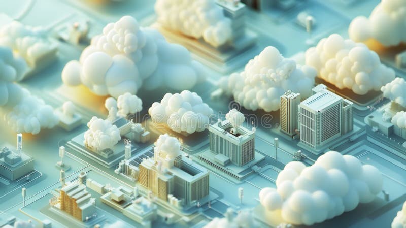 Isometric 3D View of Cloud Storage System with Soft Clouds and Cityscape Elements Stock ...