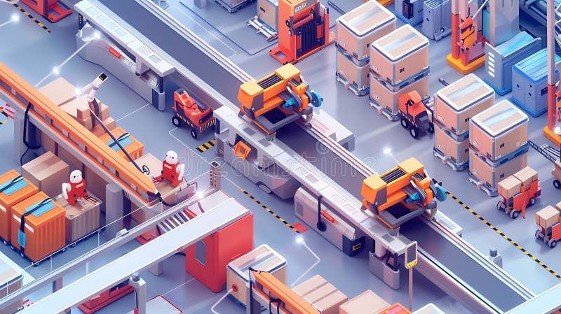 Isometric 3D Warehouse Interior with Automated Robots Moving Goods ...