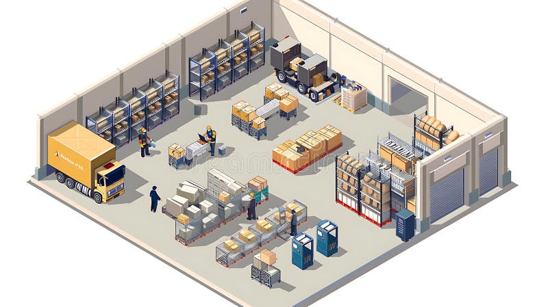 Isometric 3D Warehouse Interior Showcasing a Picking and Packing Area ...