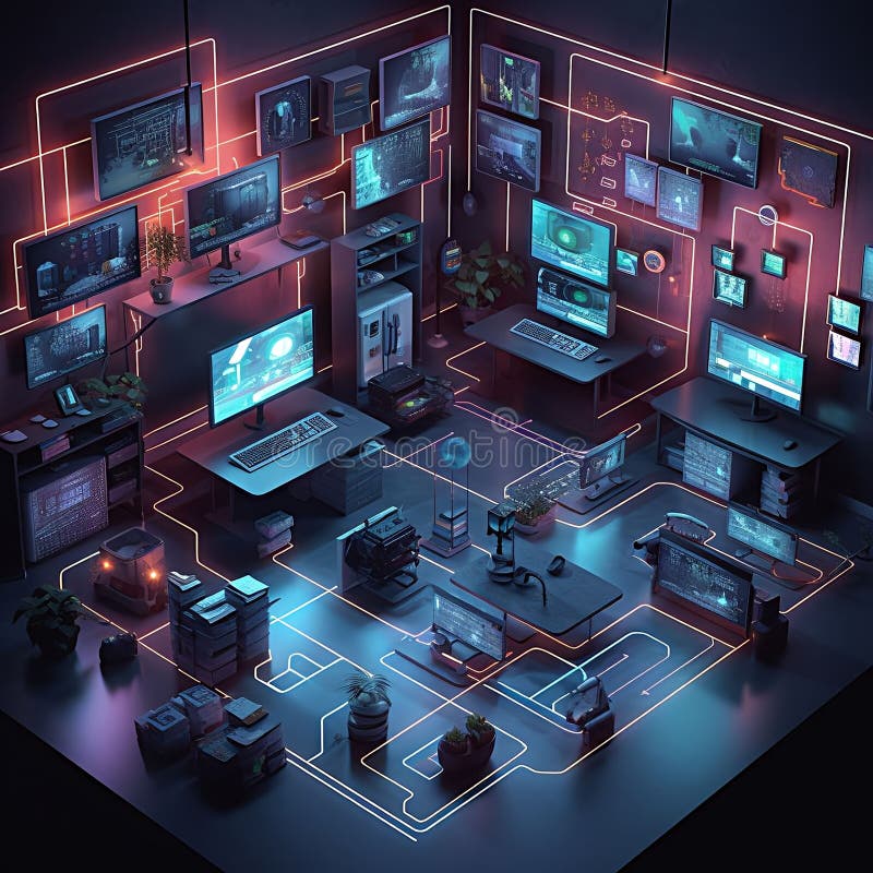 Isometric Dark Office Setting with Multiple Computer Monitors. AI ...