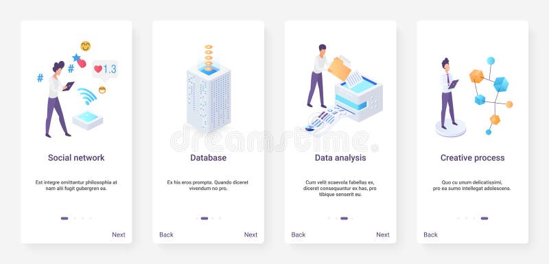 Isometric Data Analysis Social Network Ux Ui Onboarding Mobile App Page Screen Set Stock