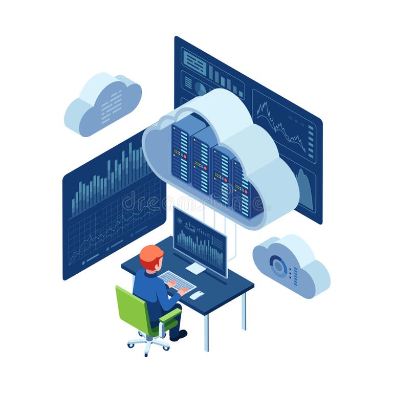 Isometric Data Analyst Monitoring Cloud Computing Data Stock Vector - Illustration of ...