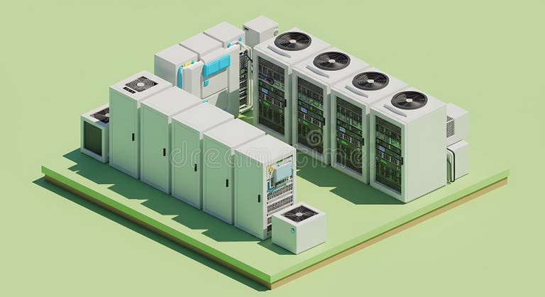 Isometric Data Center with Servers and Cooling Systems on Green Base ...