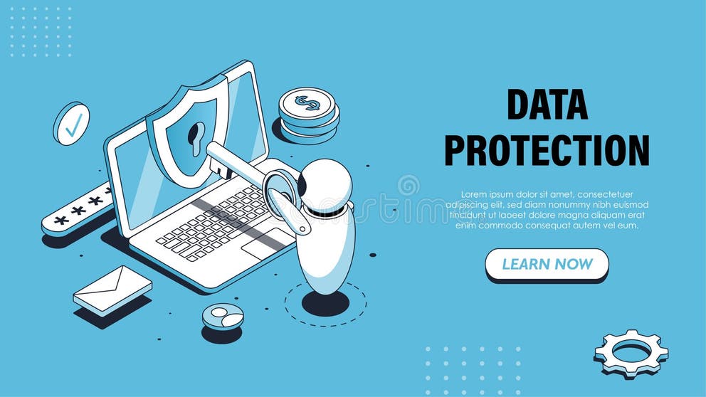Isometric Data Protection Poster. Bot Near Laptop with Shield ...