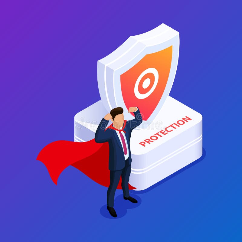 Isometric Data Protection or Superhero Worker Concept with Characters ...