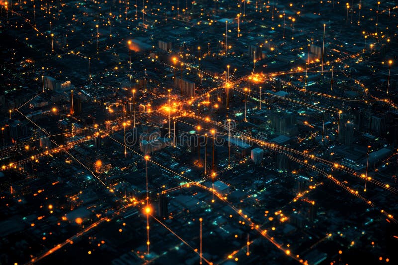 Isometric Data Visualization with Connection Points Over a Cityscape at ...