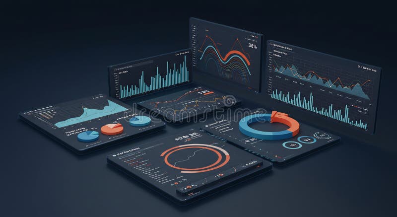 Isometric Data Visualization: Dynamic Charts & Graphs on Dark Interface Stock Illustration ...