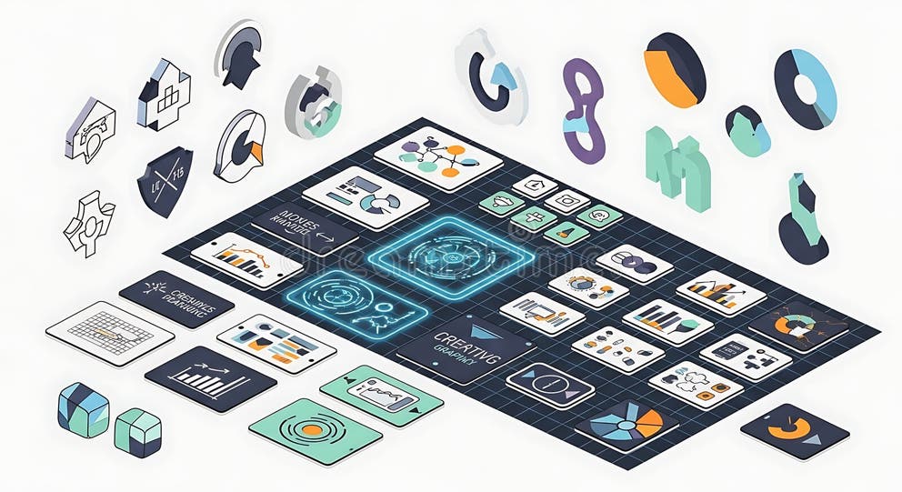 Isometric Data Visualization Elements on Grid Background Stock Photo ...