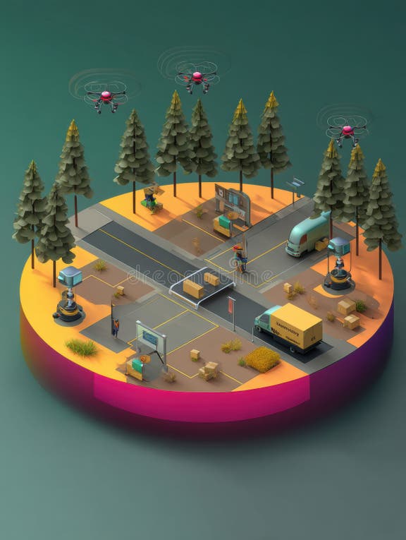 Isometric Delivery Zone Showcases Drones and Courier Bots Managing Logistics for Efficient ...