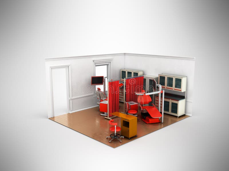 Isometric Dentist Office Red 3d Rendering on Gray Background Stock ...