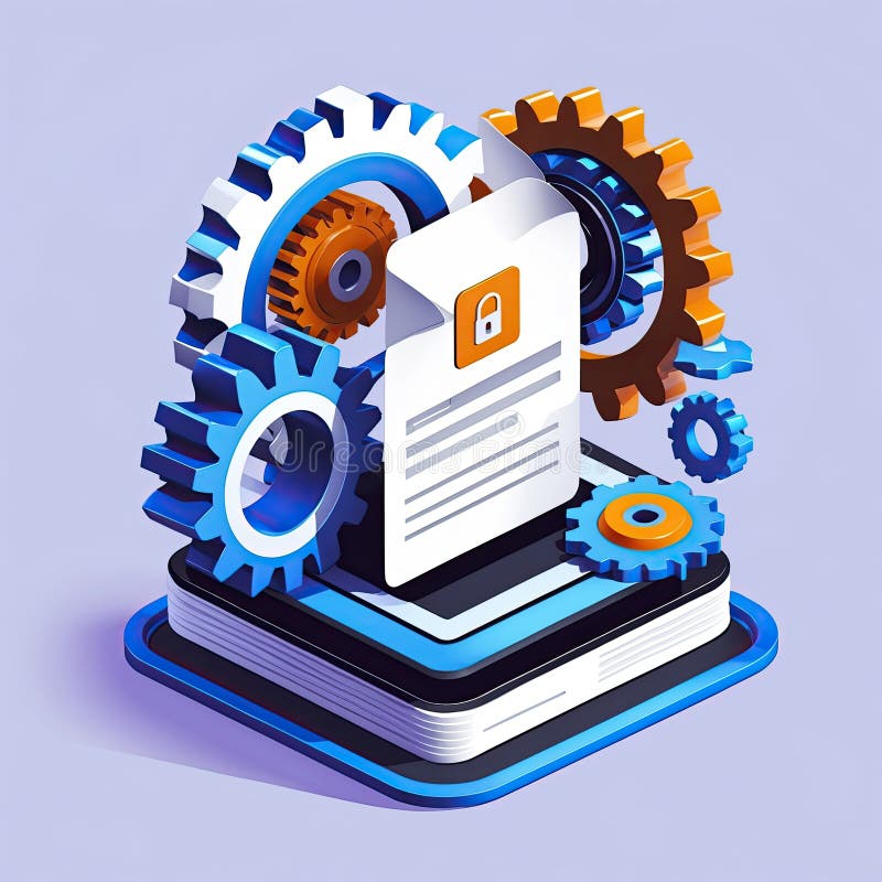An Isometric Depiction of Gears with a Document Icon Stock Illustration ...