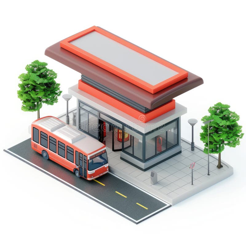Modern Bus Stop with Red Bus in Isometric View Stock Illustration - Illustration of rendering ...