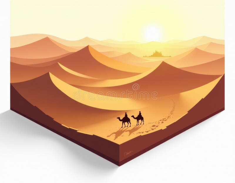 Isometric Desert Landscape with Camels at Sunset Stock Illustration ...