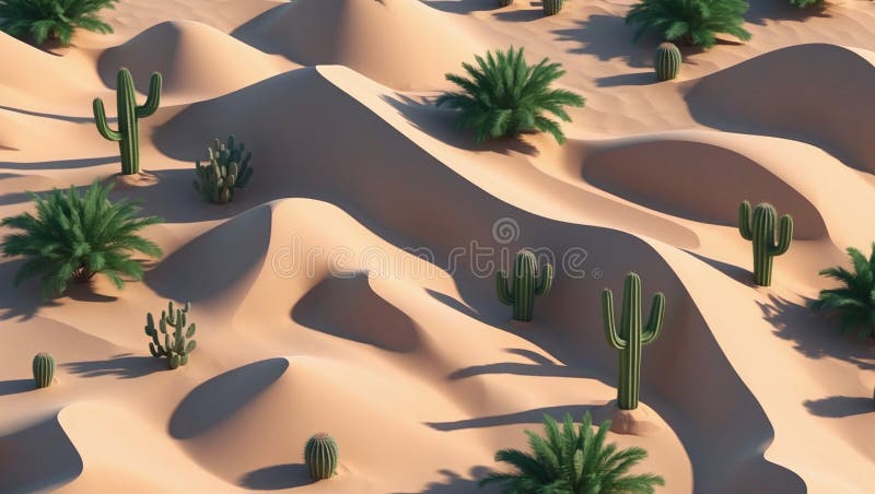 Isometric Desert Landscape with Sand Dunes and Cacti Stock Illustration ...