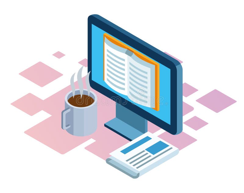 Isometric Design of Computer, Coffee Mug and Newspaper Stock Vector ...