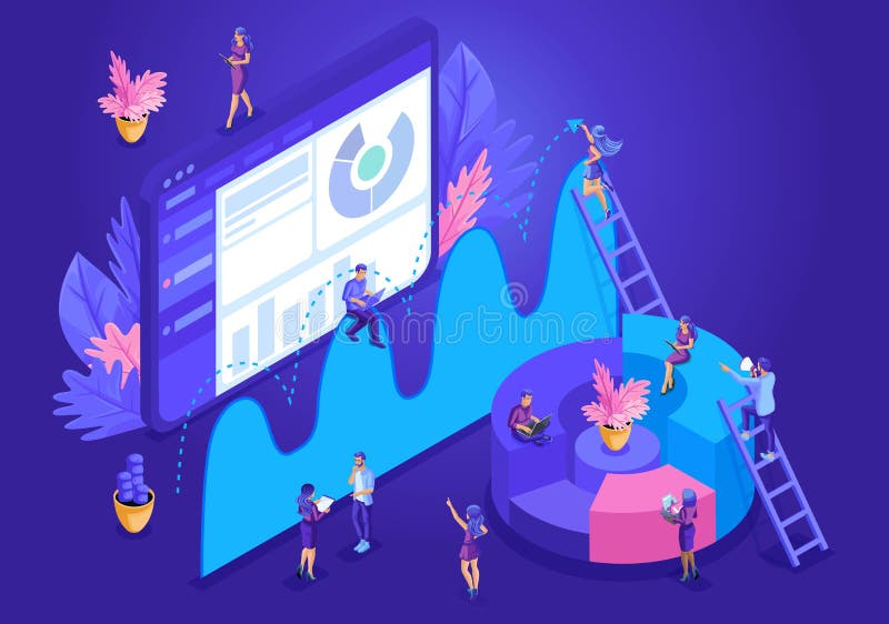 Data Analysis Isometric Concept. People Work on Infographic Chart ...