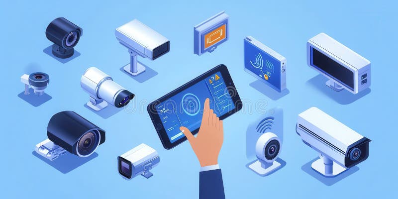 Isometric Design Depicting Various Security Camera Types with a Digital ...