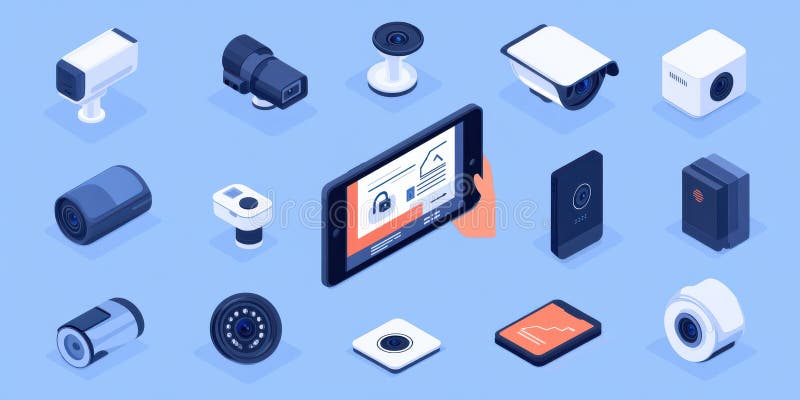 Isometric Design Depicting Various Security Camera Types with a Digital ...