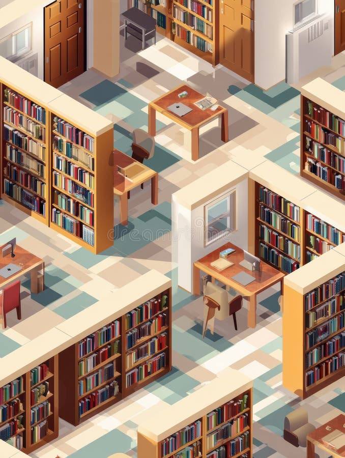 Isometric Design of a Public Library Featuring Bookshelves and Study ...